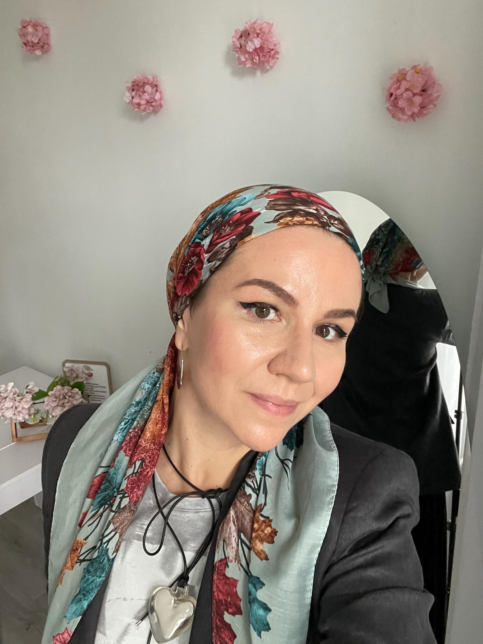 Cute Pre-tied Headscarf With Floral Print. Handmade Grip Bandana for ...