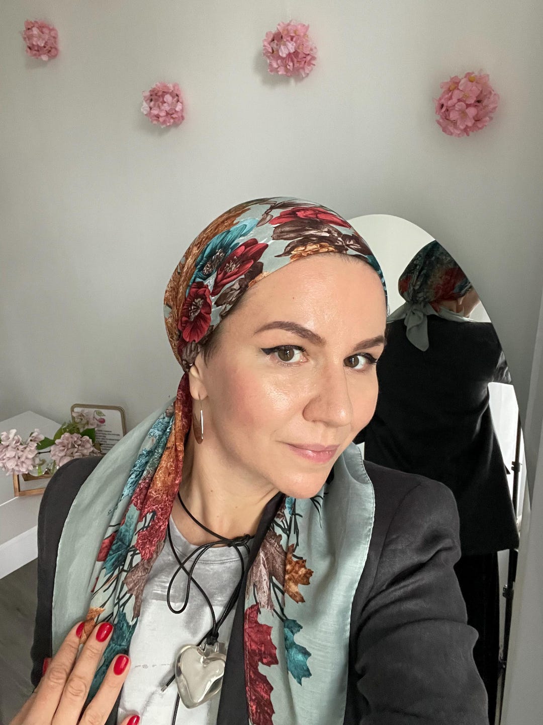 Cute Pre-tied Headscarf With Floral Print. Handmade Grip Bandana for ...