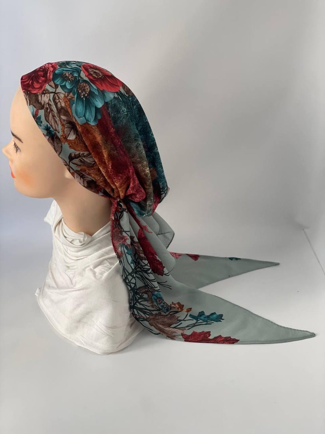 Cute Pre-tied Headscarf With Floral Print. Handmade Grip Bandana for ...