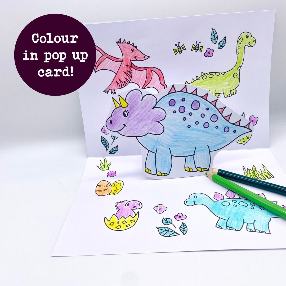 Dinosaur Colour in Pop up Card, Printable Craft Activity, Download ...
