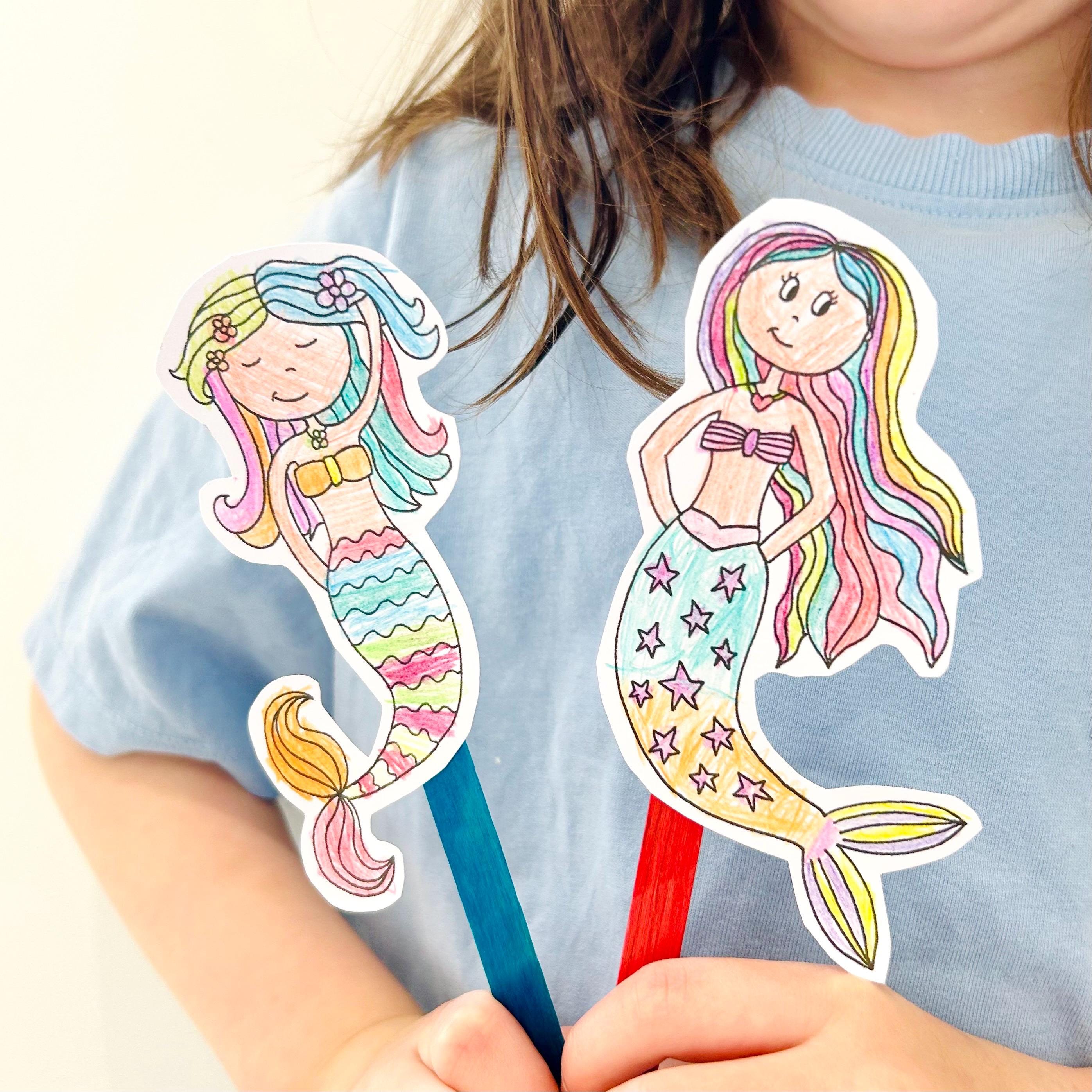 Printable Colour in Mermaid Puppets, Color in Craft, Kids Mermaid ...