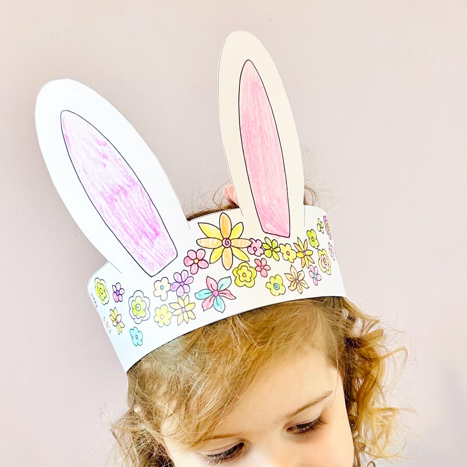 Printable Colour in Bunny Flower Crown, Bunny Ears, Color in Crown ...