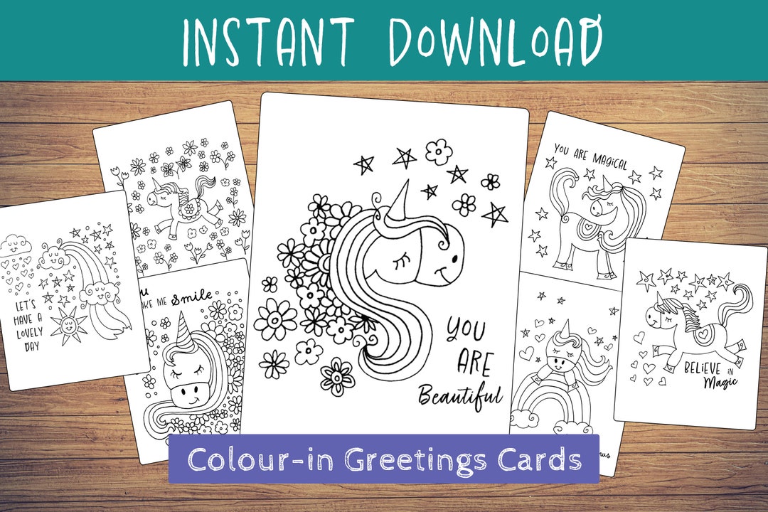 8 X Colour-in Cards, Printable Greetings Card, Unicorn Craft Activity ...