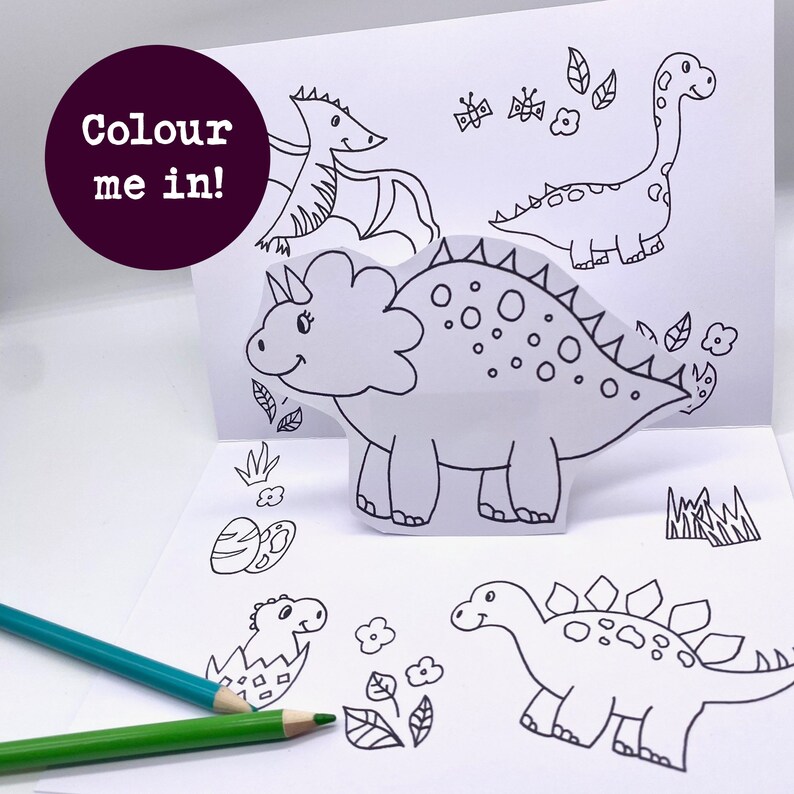 Dinosaur Colour in Pop up Card, Printable Craft Activity, Download ...