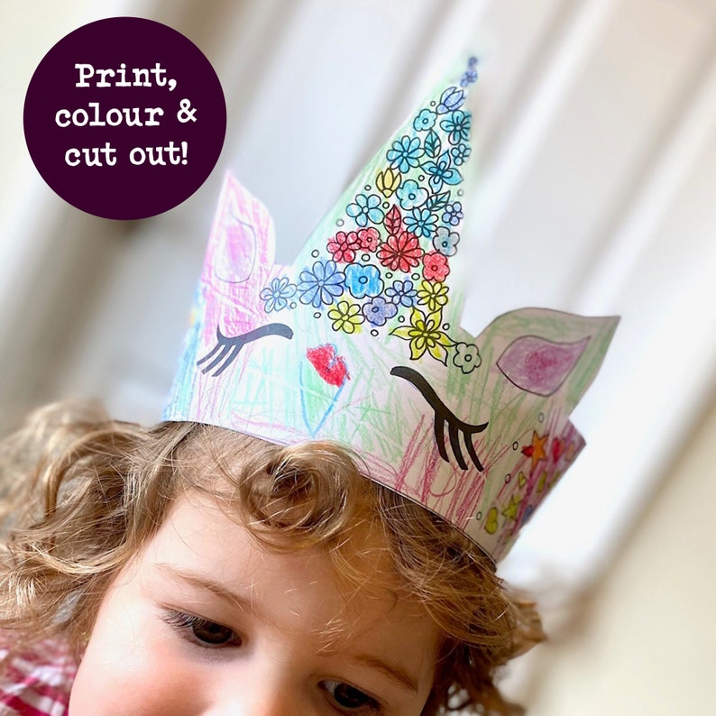 Printable Colour in Unicorn Crown, Color in Crown, Kids Unicorn Crafts ...