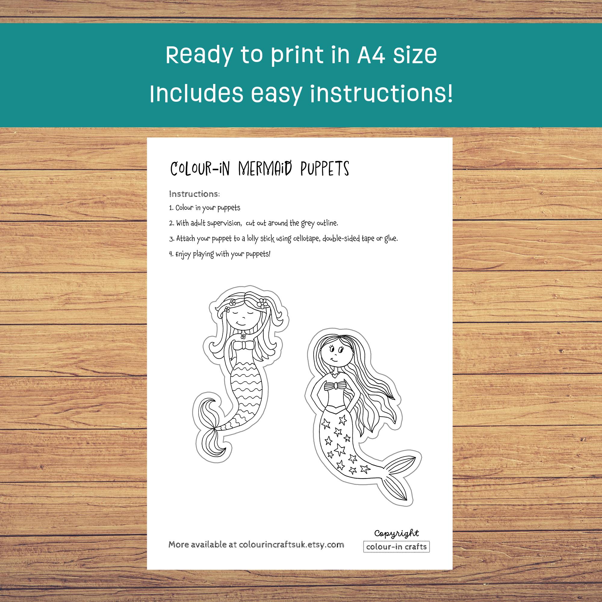 Printable Colour in Mermaid Puppets, Color in Craft, Kids Mermaid ...