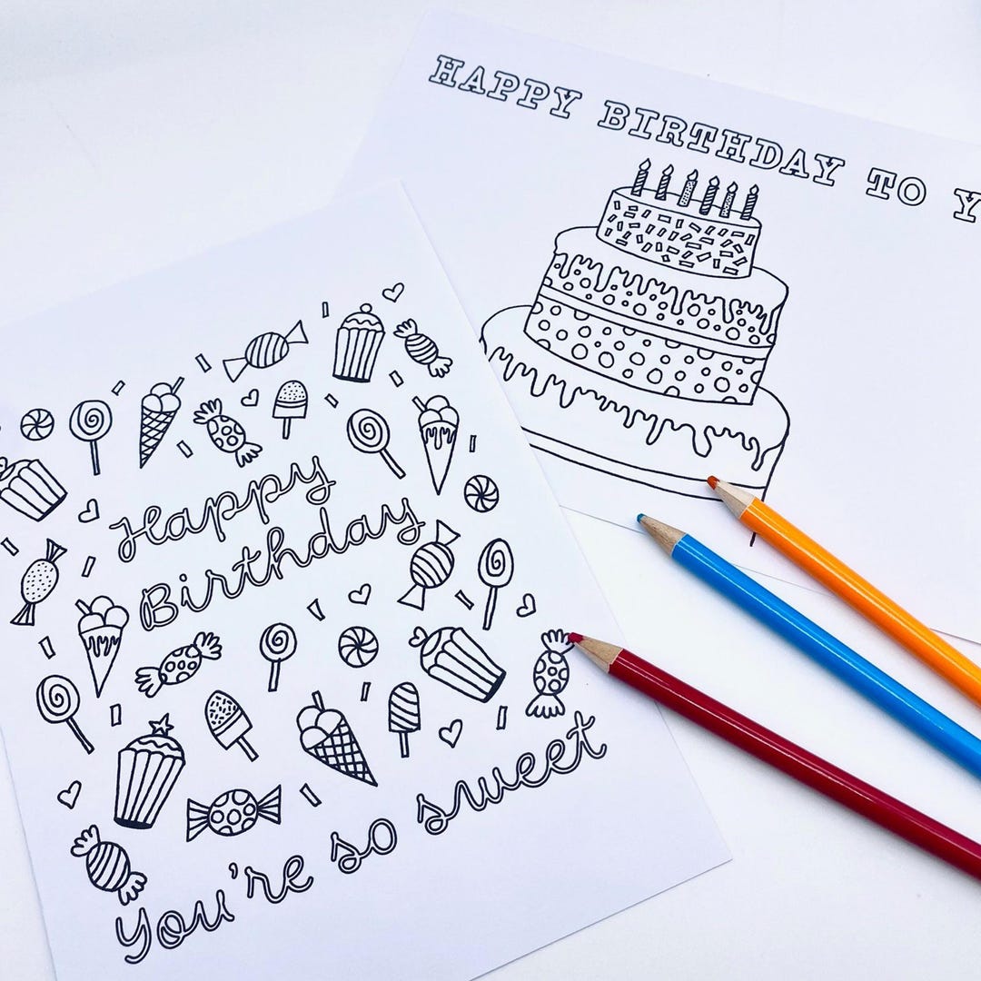 2 X Printable Happy Birthday Colour in Cards, Digital Download Birthday ...