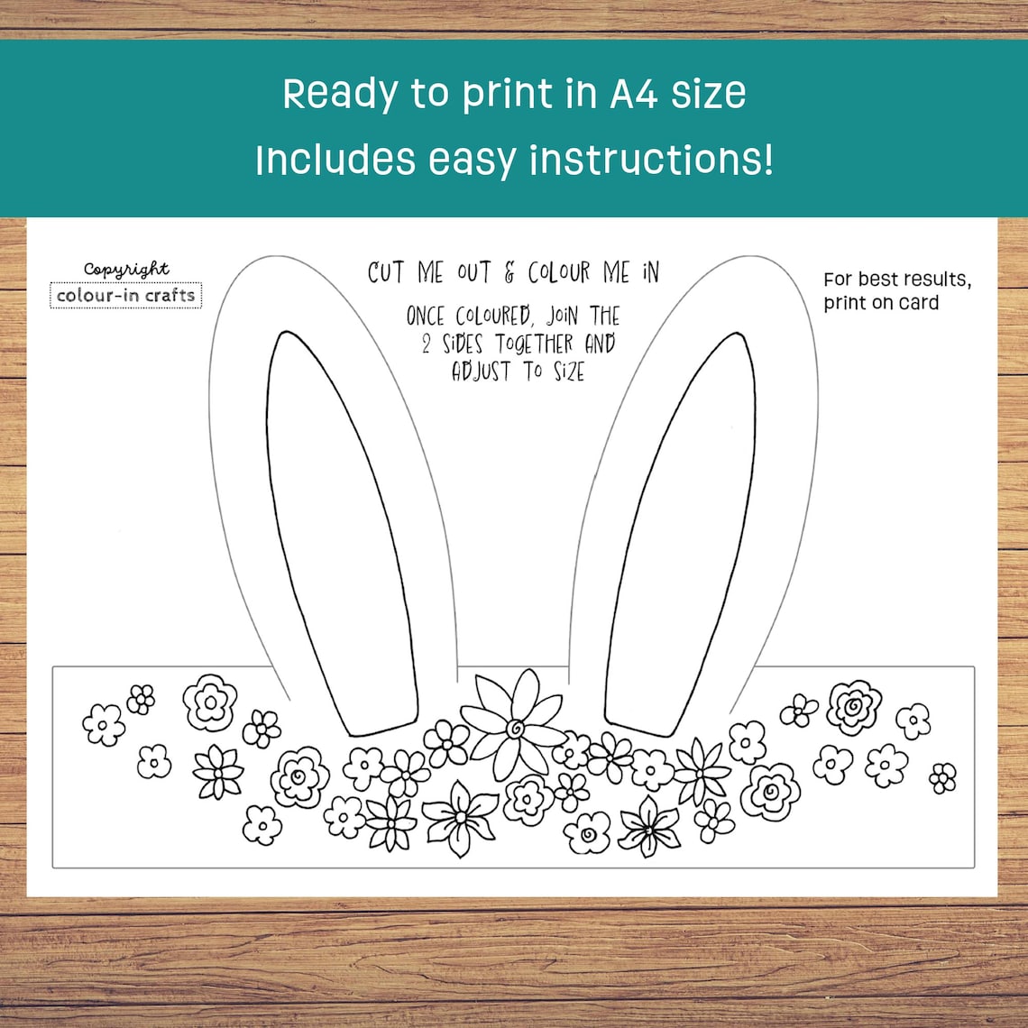 Printable Colour in Bunny Flower Crown, Bunny Ears, Color in Crown ...