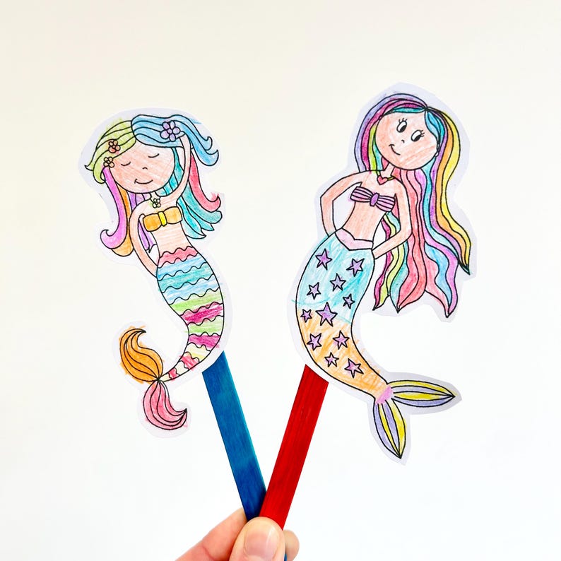 Printable Colour in Mermaid Puppets, Color in Craft, Kids Mermaid ...