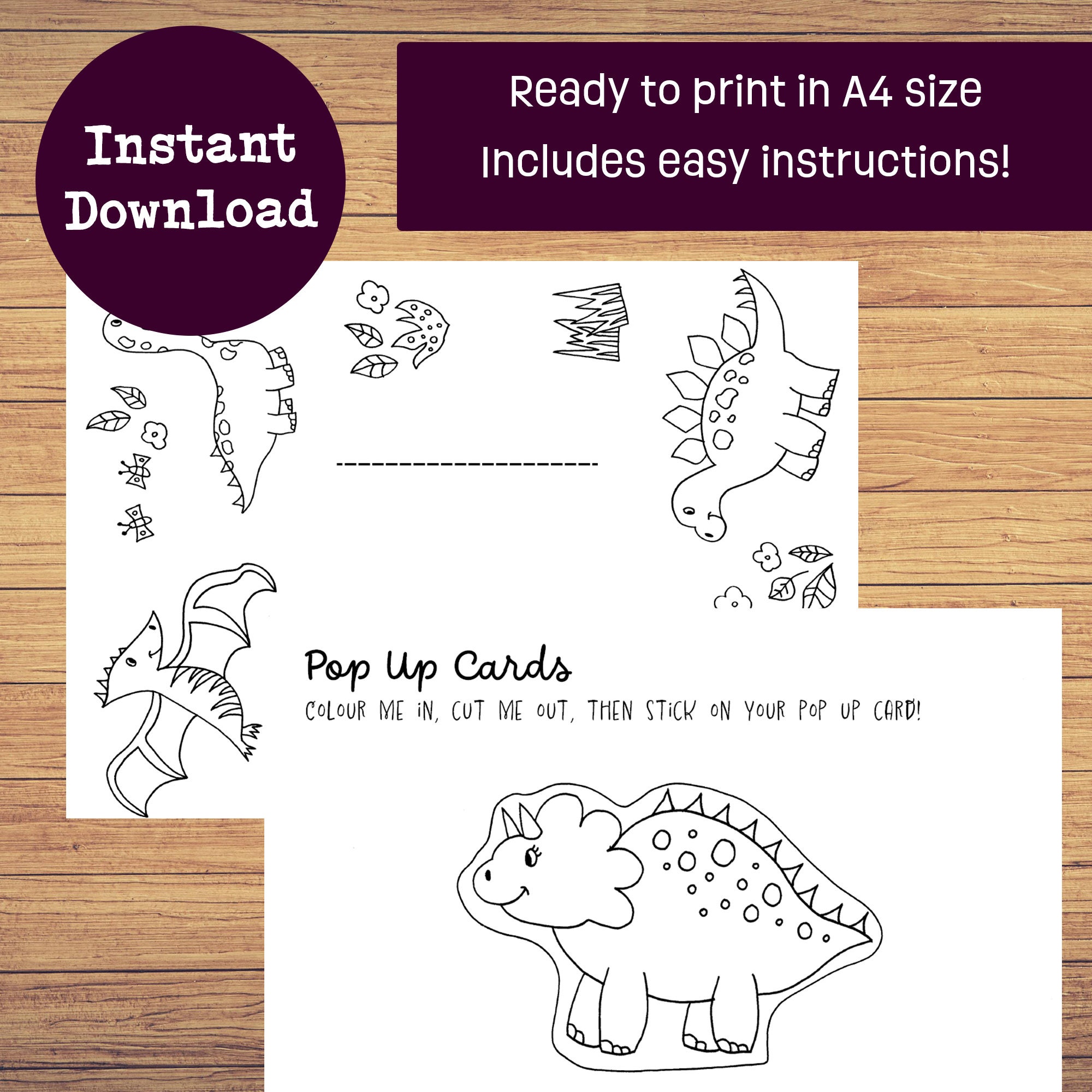 Dinosaur Colour in Pop up Card, Printable Craft Activity, Download ...