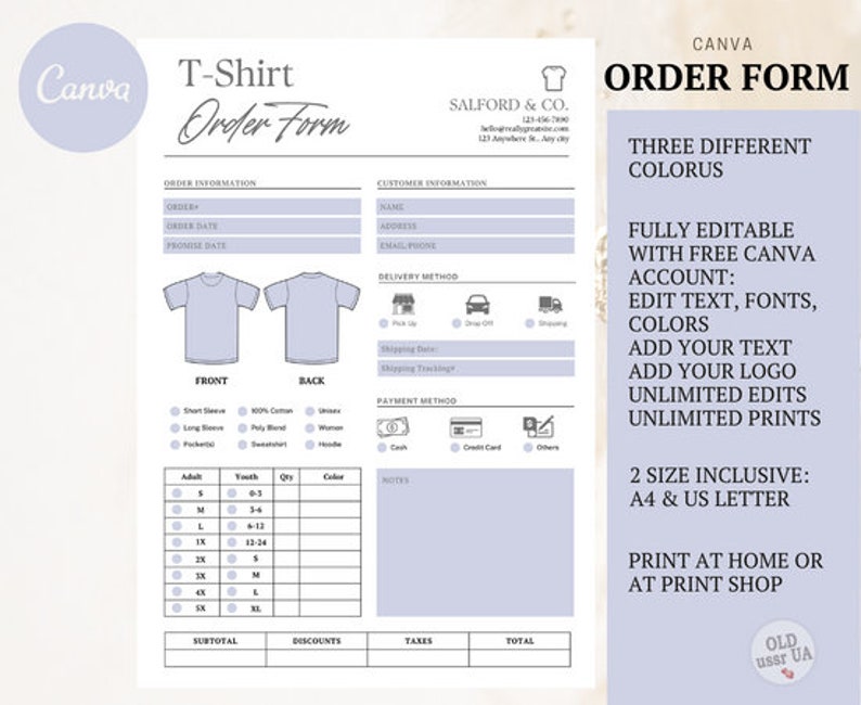 Fillable T-shirt Order Form, Printable Small Business Order Form ...