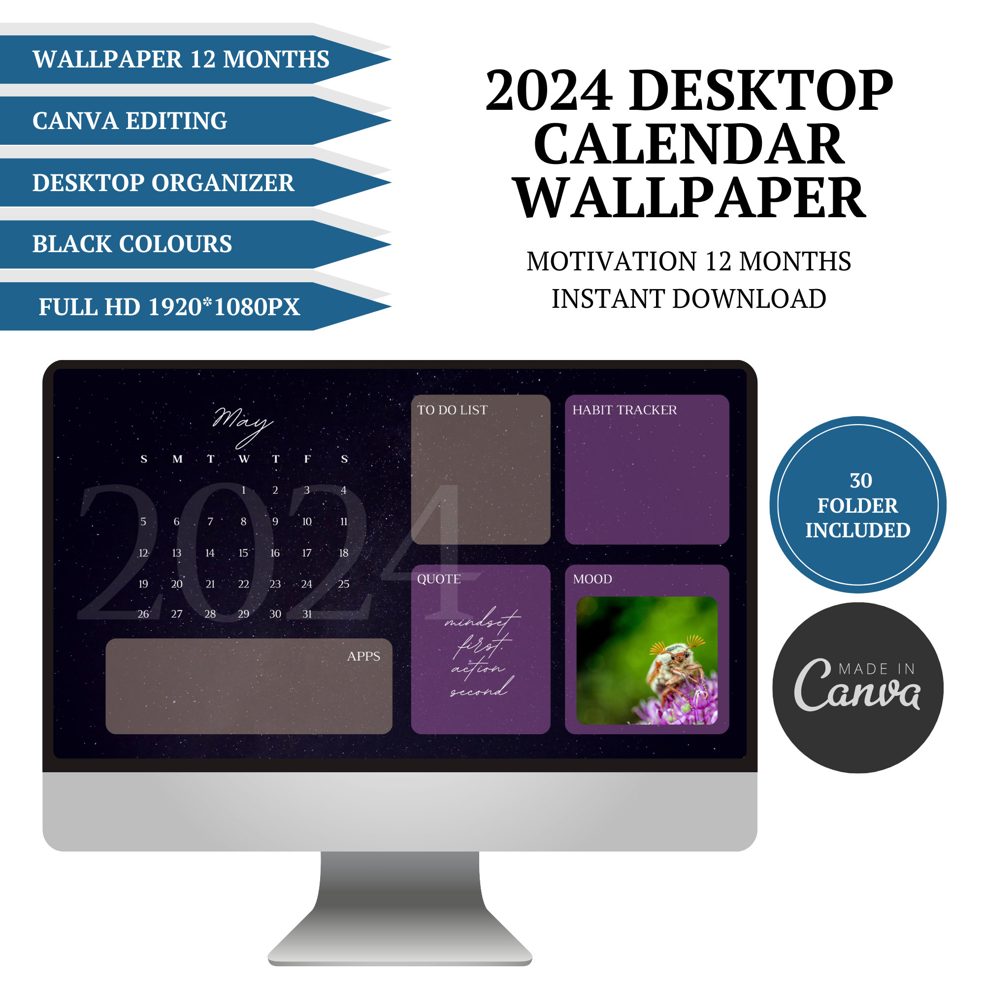 2024 Desktop Wallpaper Bundle, Modern Black Minimalist Digital ...