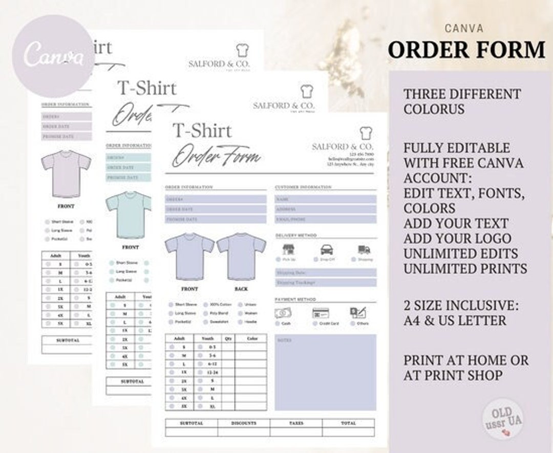 Fillable T-shirt Order Form, Printable Small Business Order Form ...
