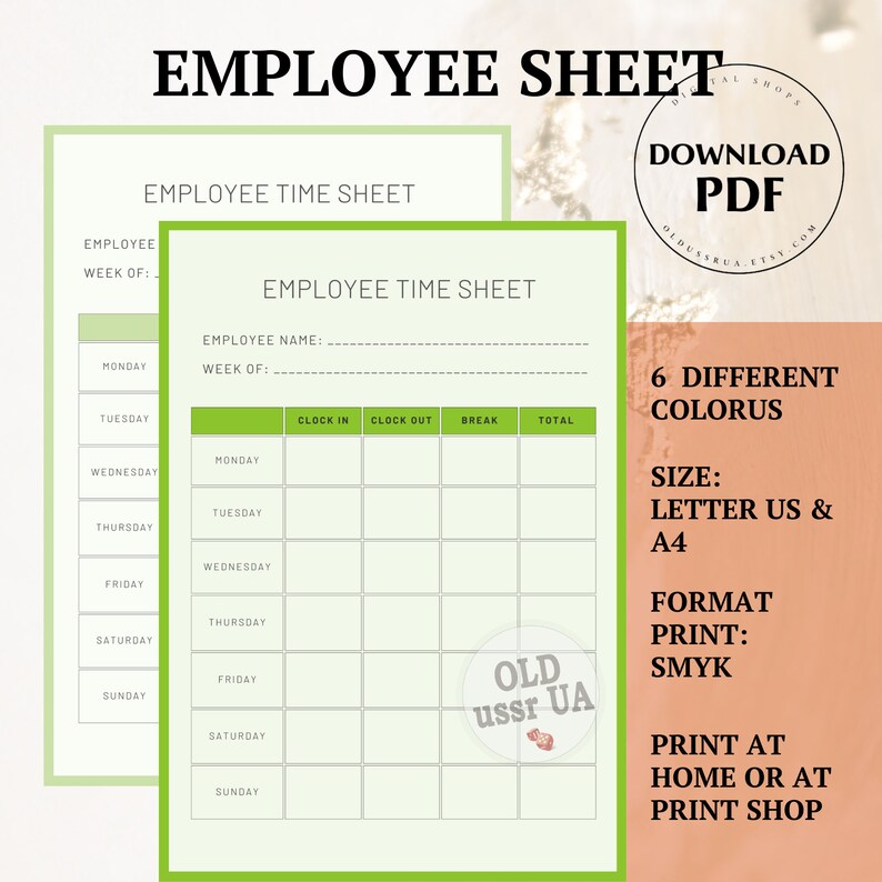 6set Employee Timesheet Printable Timesheet Time Tracker - Etsy