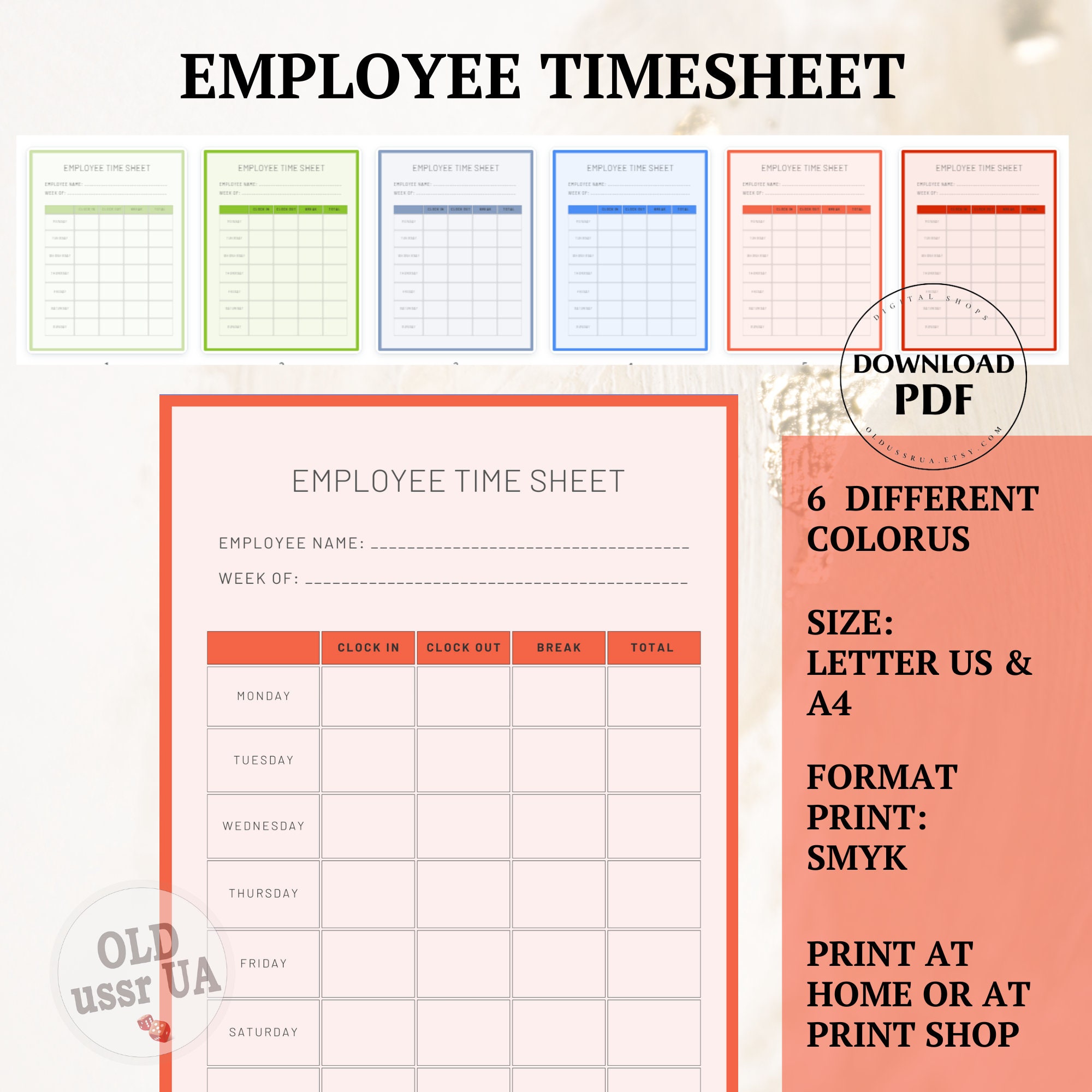 6set Employee Timesheet, Printable Timesheet, Time Tracker, Work Log ...