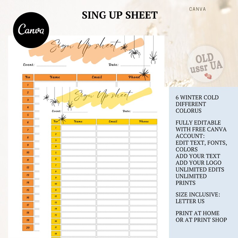 Halloween Sign up Sheet Template, Editable Canva Template, Printable ...