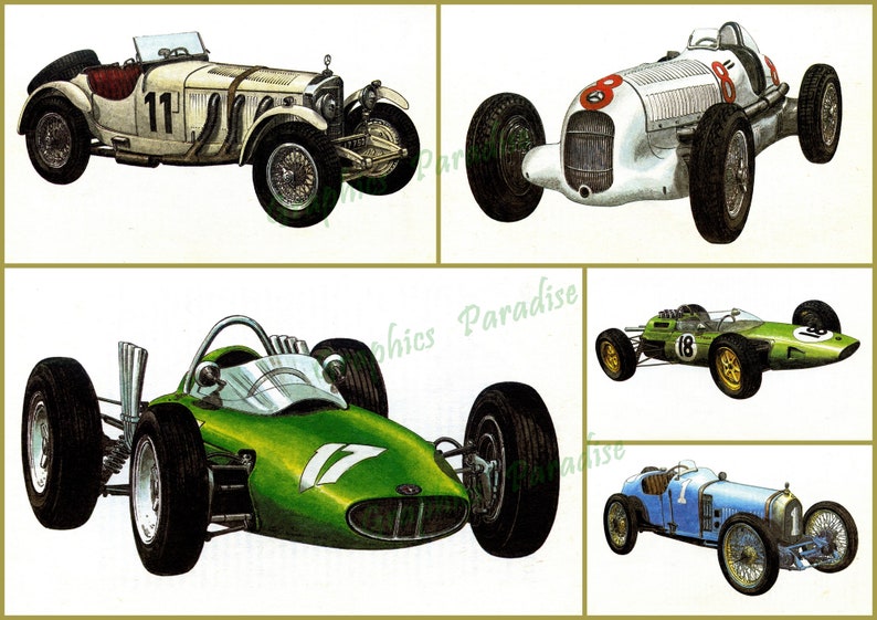PART 3 Set of 25 Old Racing Cars Clipart Printable Illustration for ...