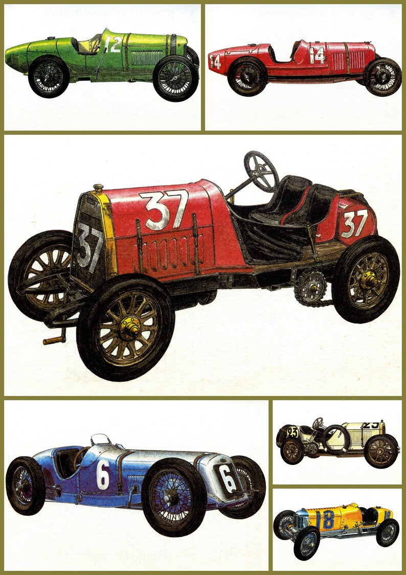 Set of 25 Old Racing Cars Clipart Printable Illustration for Decoupage ...
