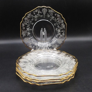 5 Cambridge Gold Trim ROSE POINT Etch 8" Plates Salad Dessert 3400 ...