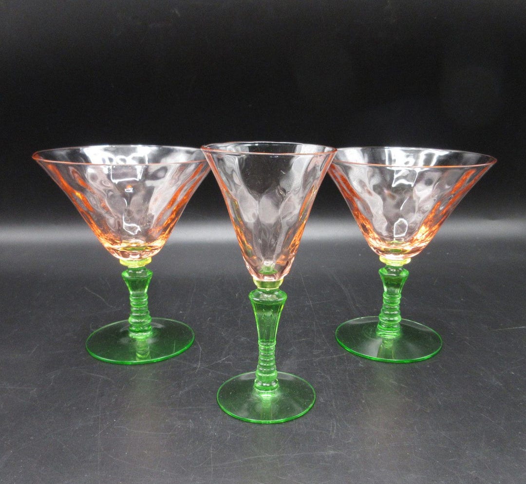 3 Pink & Green Watermelon Stems Mcdonald Glass Works Uranium Glass Foot ...