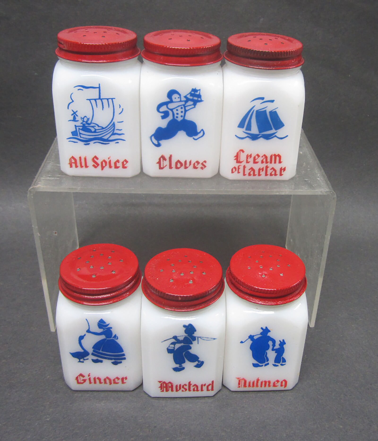 6 Dutch Spice Shakers Set - Great Graphics - Milk Glass, Red, Blue - Etsy