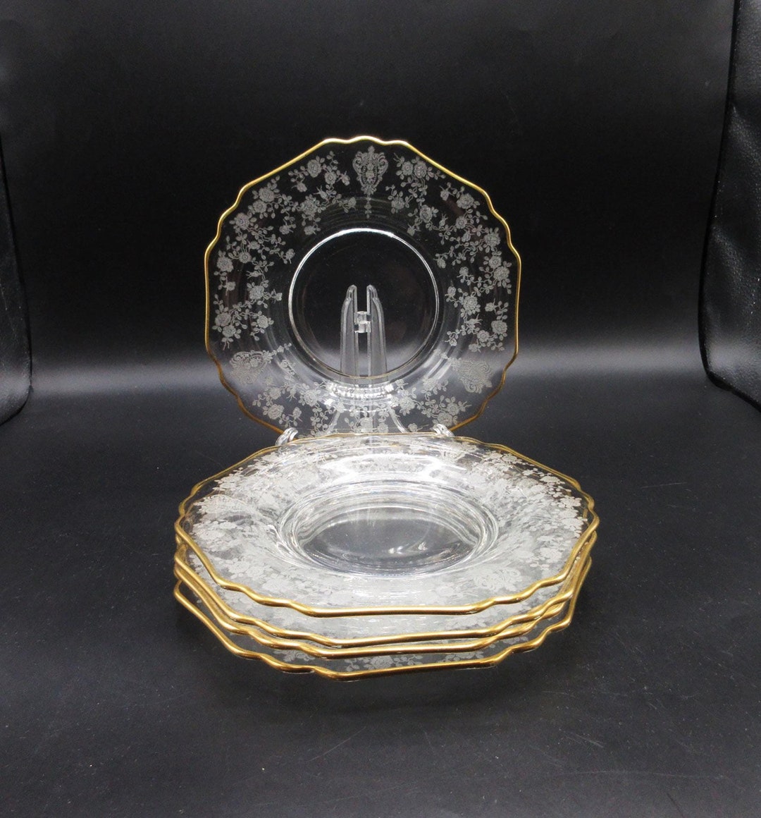 5 Cambridge Gold Trim ROSE POINT Etch 8" Plates Salad Dessert 3400 ...