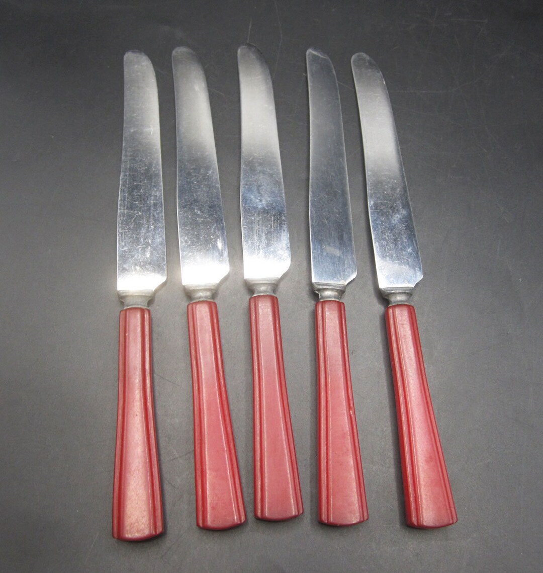 Red Bakelite Stainless 5 Knives Flatware - Marked Hampshire Goodell ...