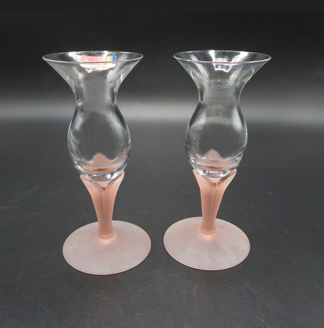 Fostoria Lotus Peach Mist Candlesticks Pair Original Label Pink Satin ...