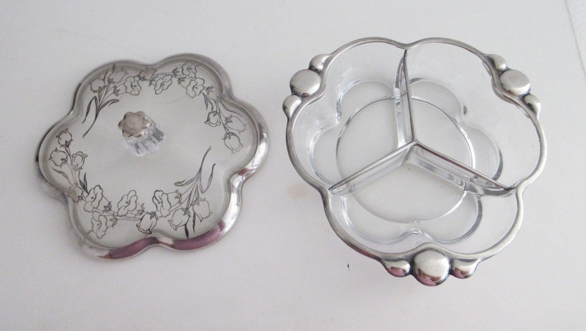 Duncan Miller Canterbury Candy Box 3 Part Frosted and Silver Overlay ...