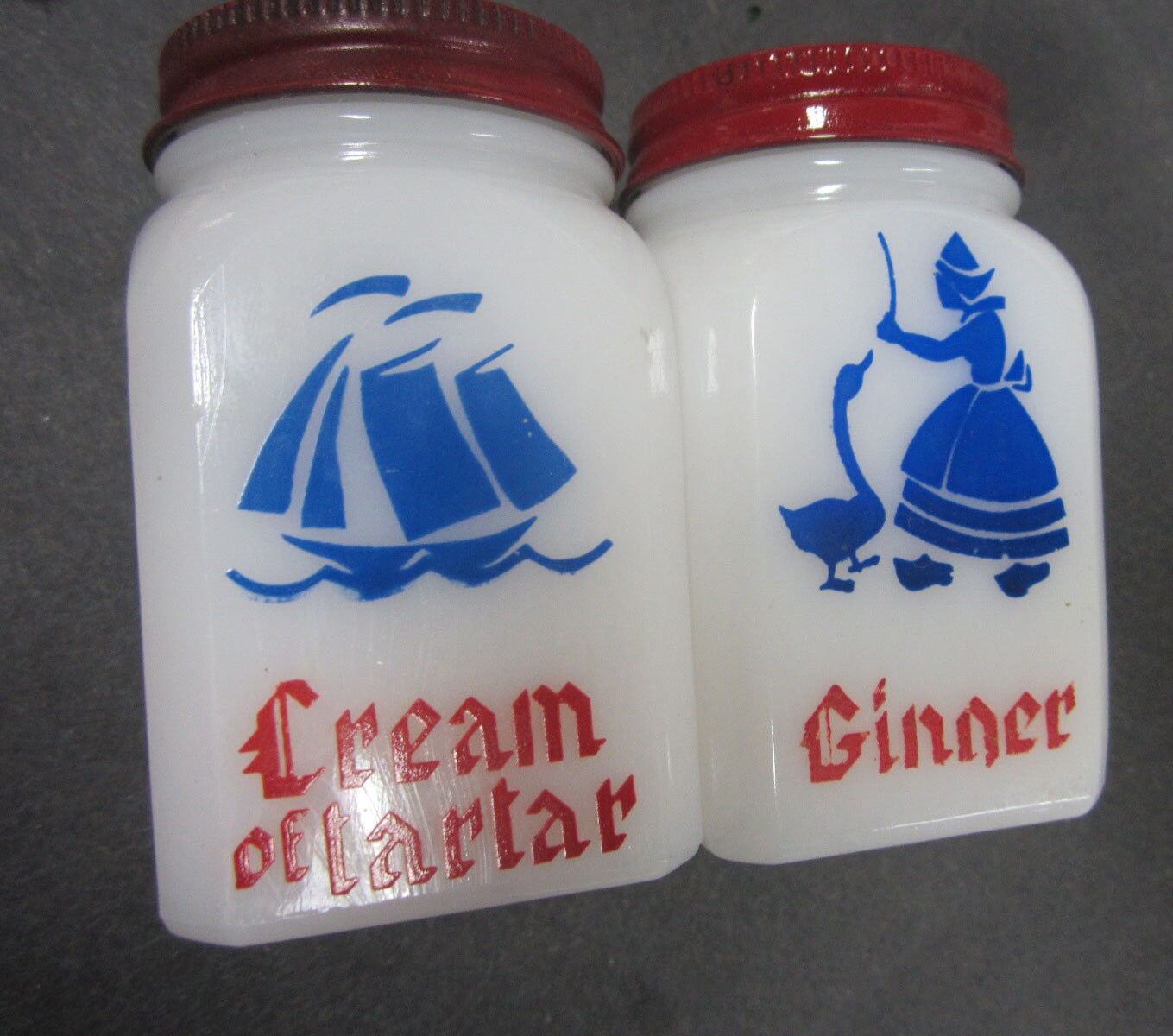 6 Dutch Spice Shakers Set - Great Graphics - Milk Glass, Red, Blue - Etsy