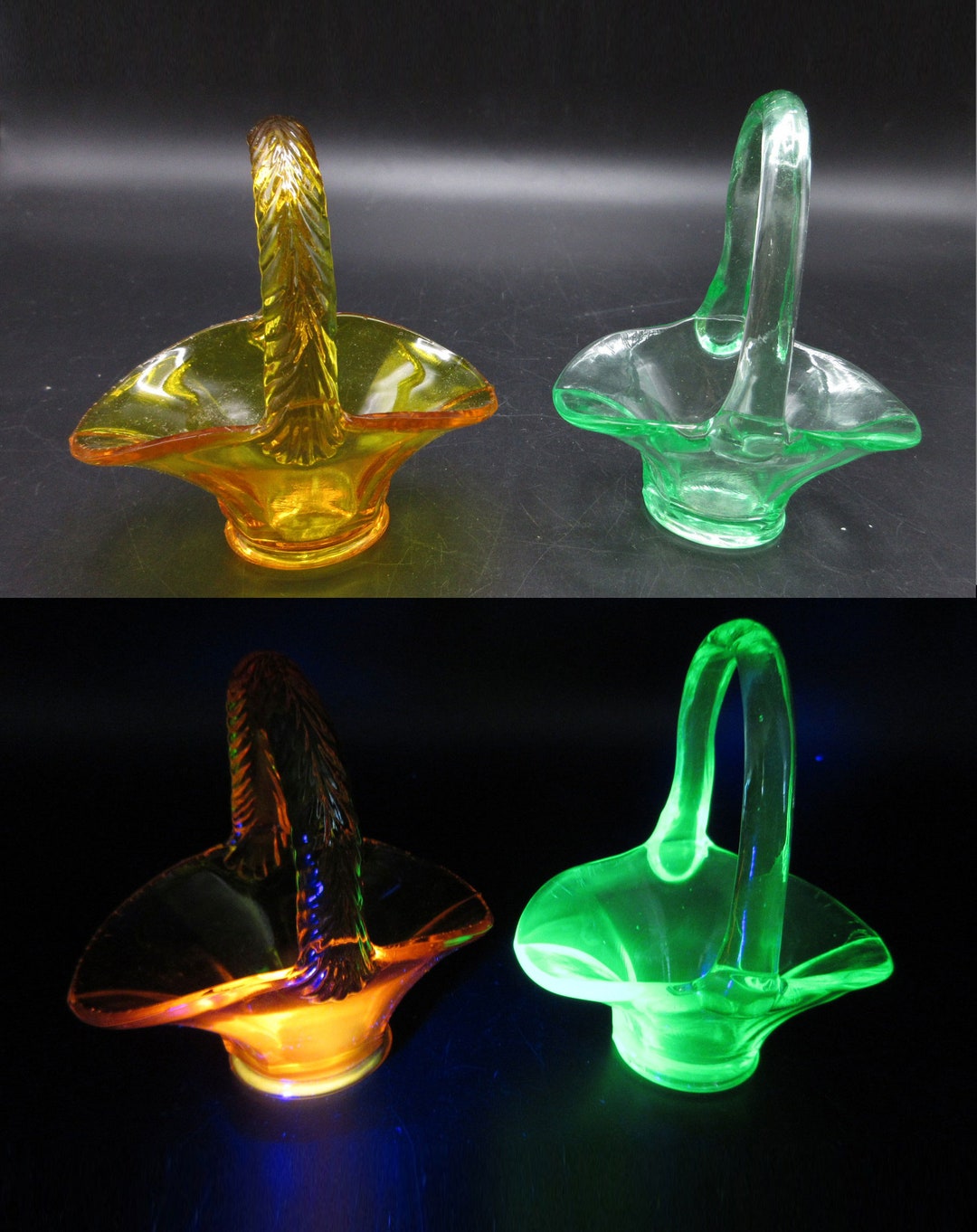 2 Glowing Tiffin Favor Baskets Green Uranium Glass and Old Gold ...
