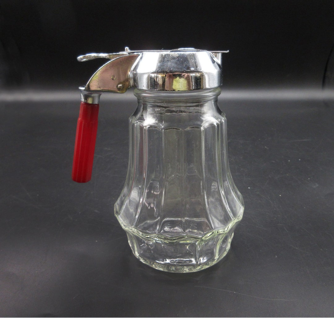 Vintage Dripcut Glass Syrup Dispenser Red Bakelite Handle Federal ...