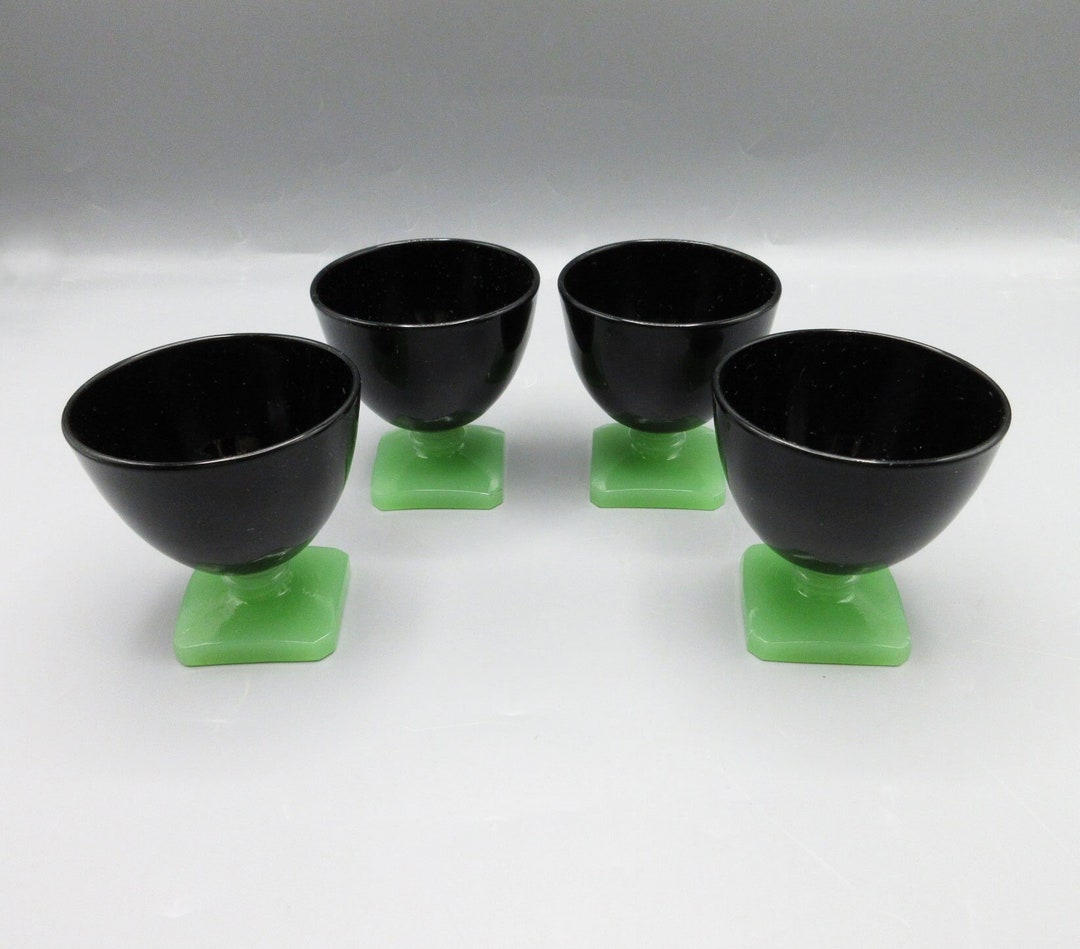 4 Fenton Elizabeth Sherbets Jade Green and Black Glass Deco Dessert Dishes Depression Era ...