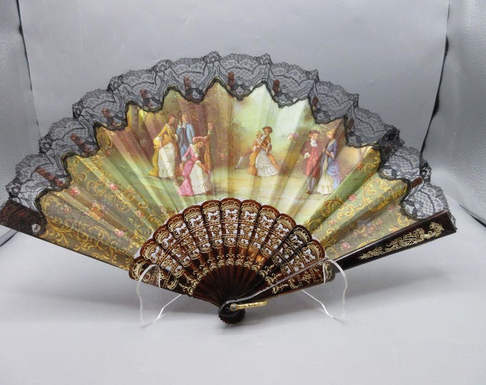 Vintage Elegant Folding Hand Fan Courting Couples Lace Gold Accents ...