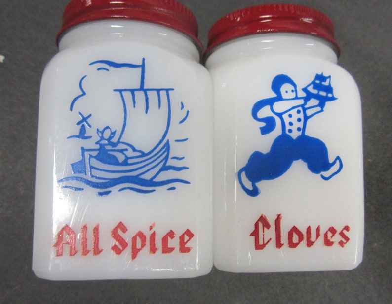 6 Dutch Spice Shakers Set - Great Graphics - Milk Glass, Red, Blue - Etsy