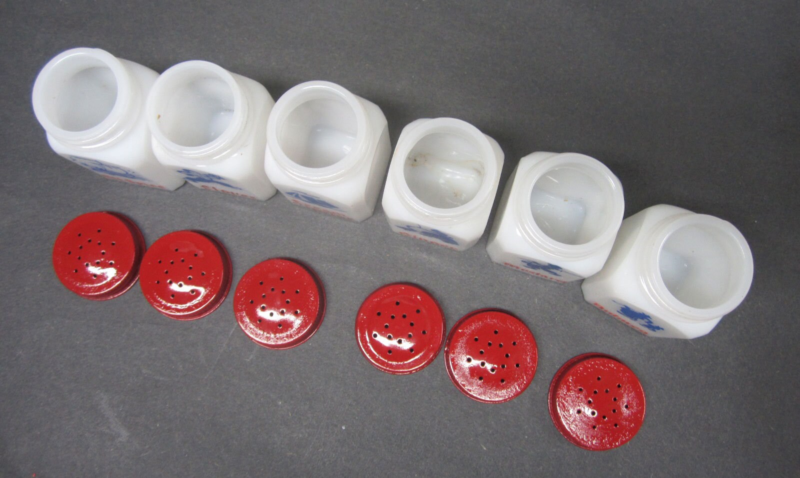 6 Dutch Spice Shakers Set - Great Graphics - Milk Glass, Red, Blue - Etsy