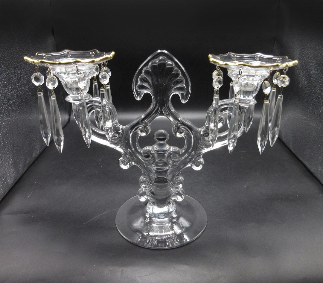 Cambridge 2 Lite Candelabra 1441 Glass Candlestick Removable Gold Trim ...