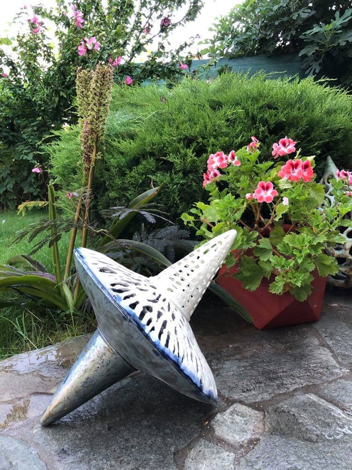 Kinetic Ceramic Sculpture, Spinning Top, White and Blue Art - Etsy