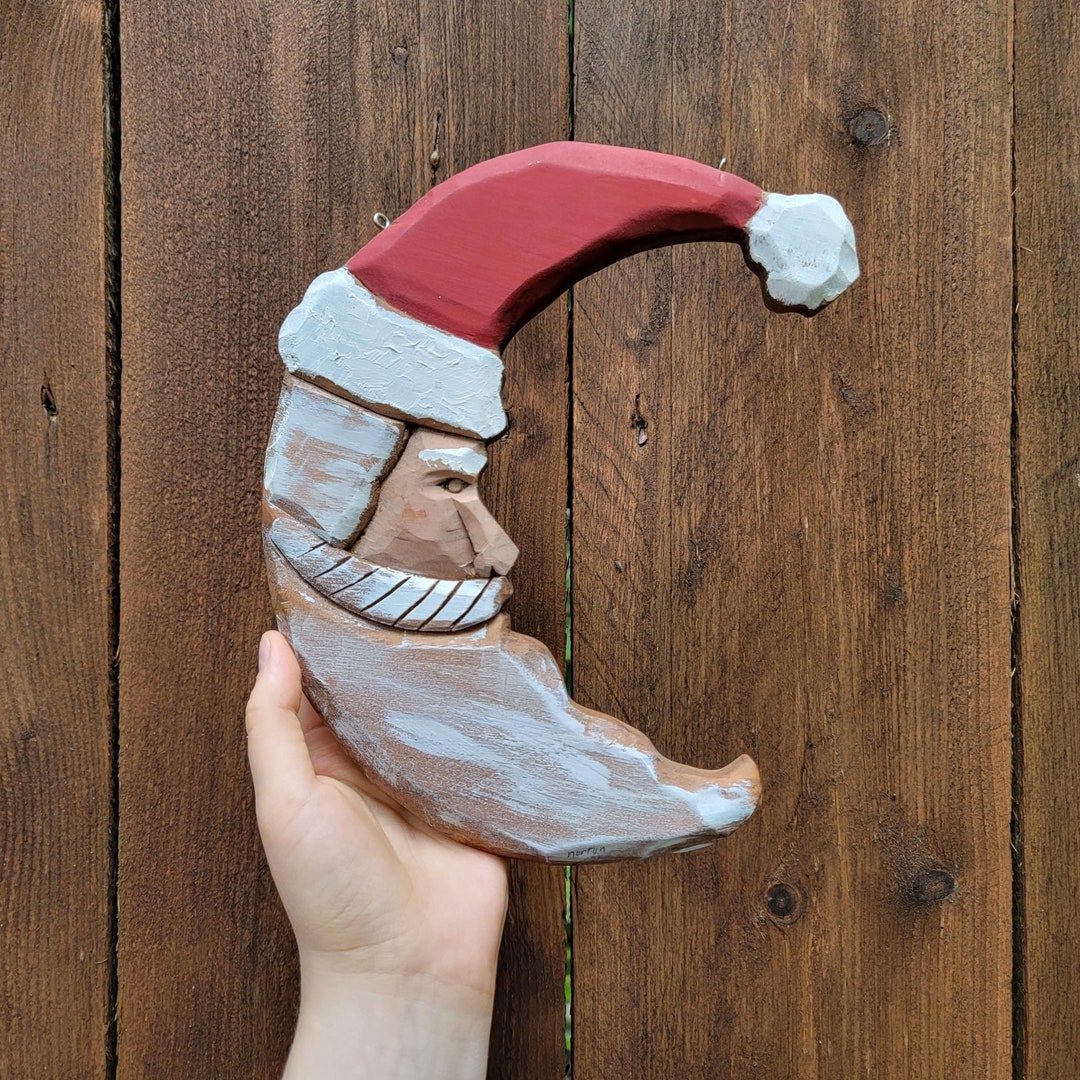 Vtg Celestial Wooden Santa Crescent Moon Folk Art Rustic Style Painted ...