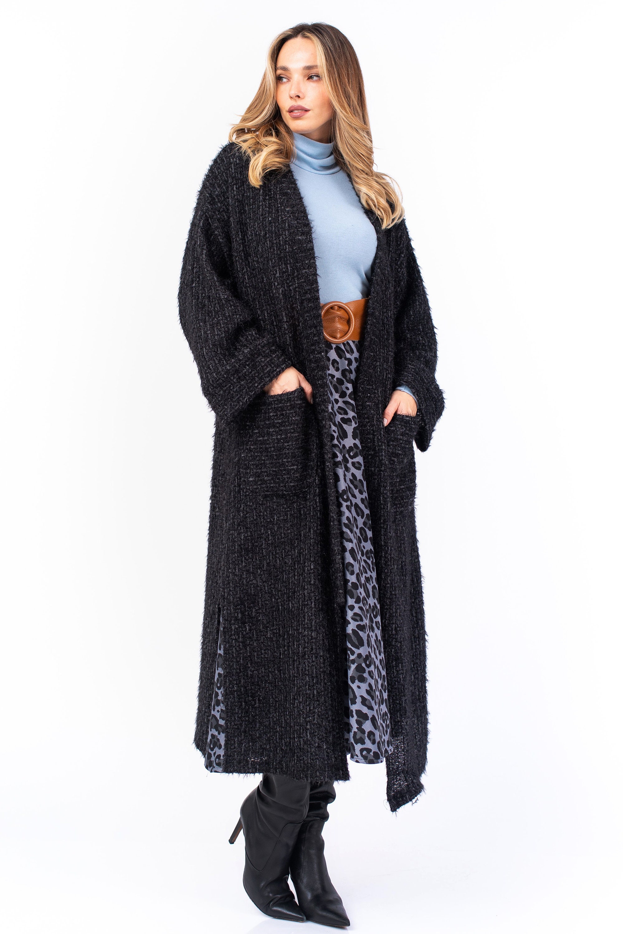 Plus Size Maxi Cardigan, Side High Slit Cardigan, Black Woolen Long ...