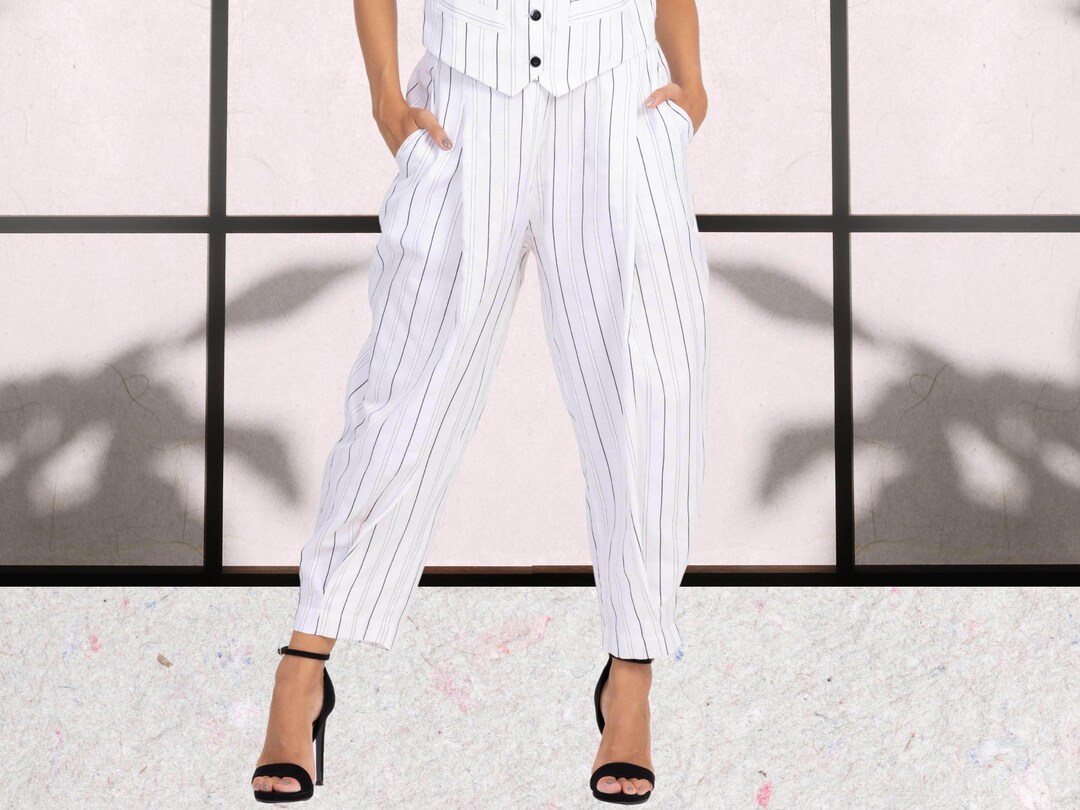Feminine Masculine Suit Trousers, Women's White Striped Linen Pants ...