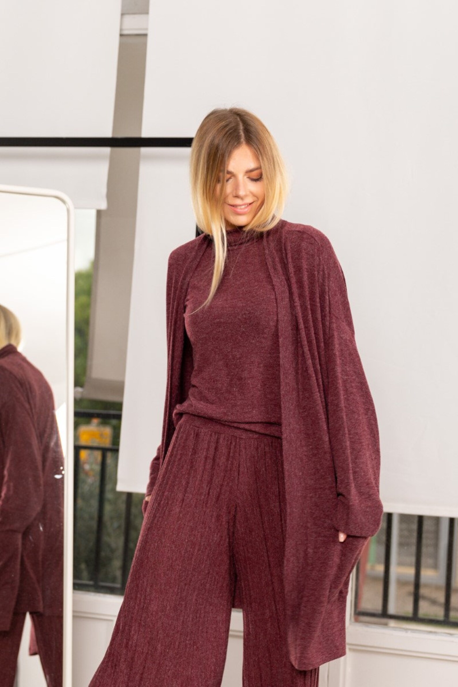 Wine Red Long Cardigan, Loose Fit Belted Cardigan, Streetstyle Woman ...