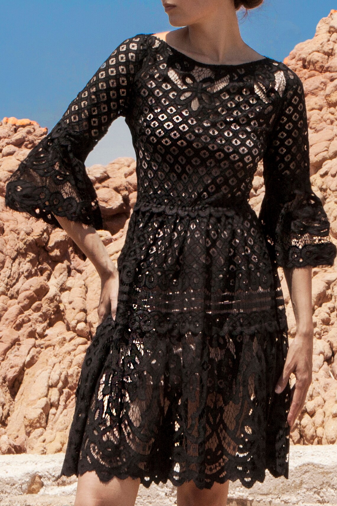 Greek Lace Dress Black Lace Summer Dress Macrame Lace Short - Etsy