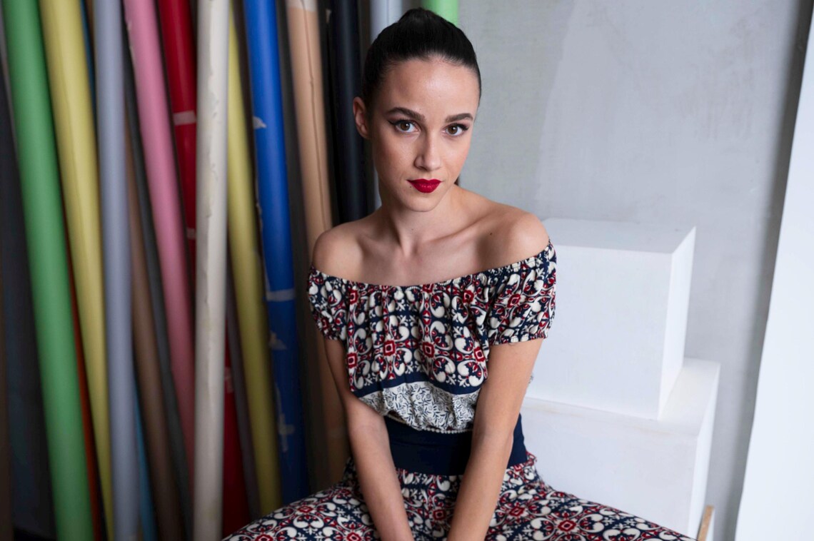 Red and Blue Tile Print Crop Top, Balloon Effect Crop Top, Colorful ...