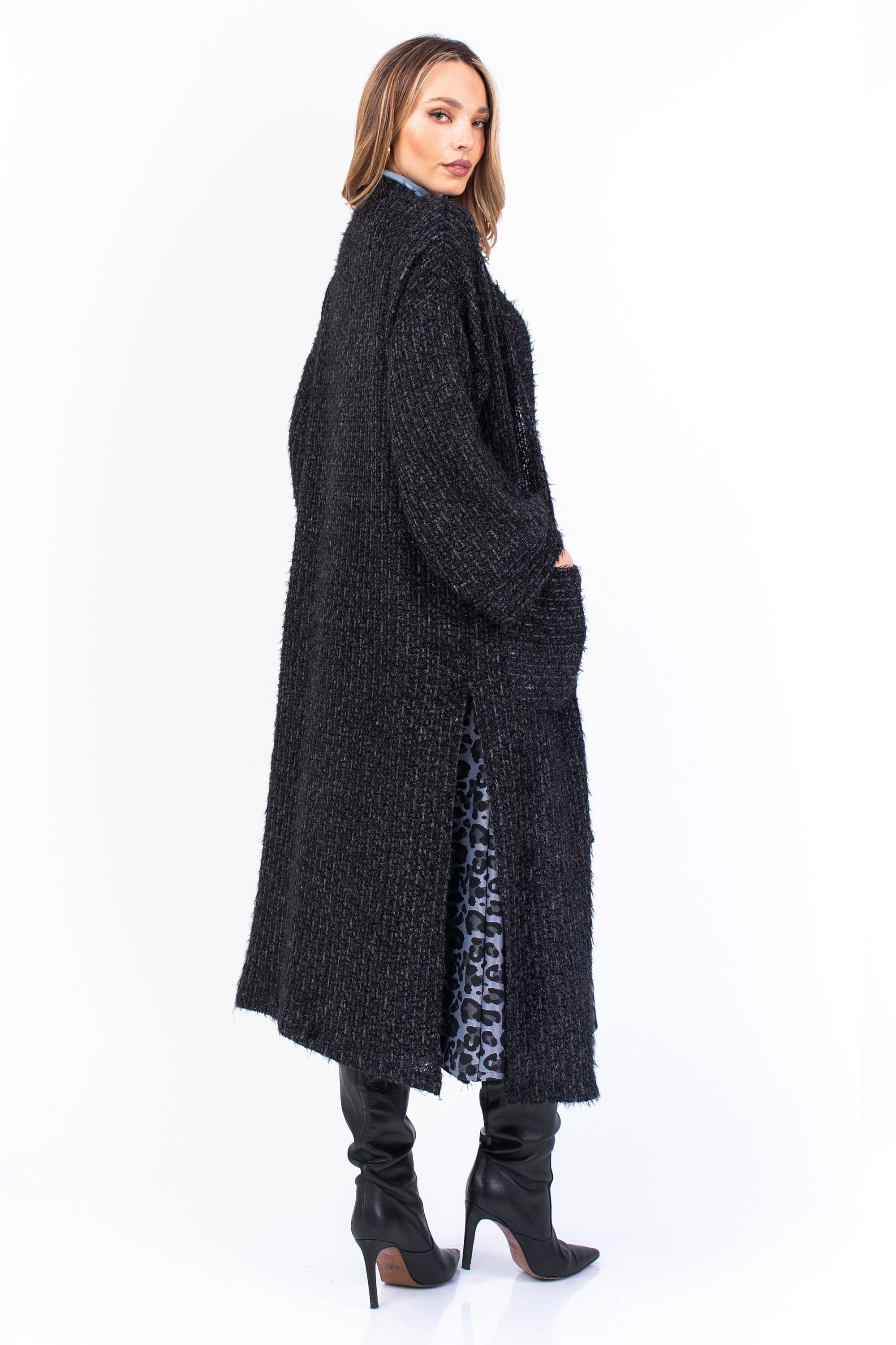 Plus Size Maxi Cardigan, Side High Slit Cardigan, Black Woolen Long ...
