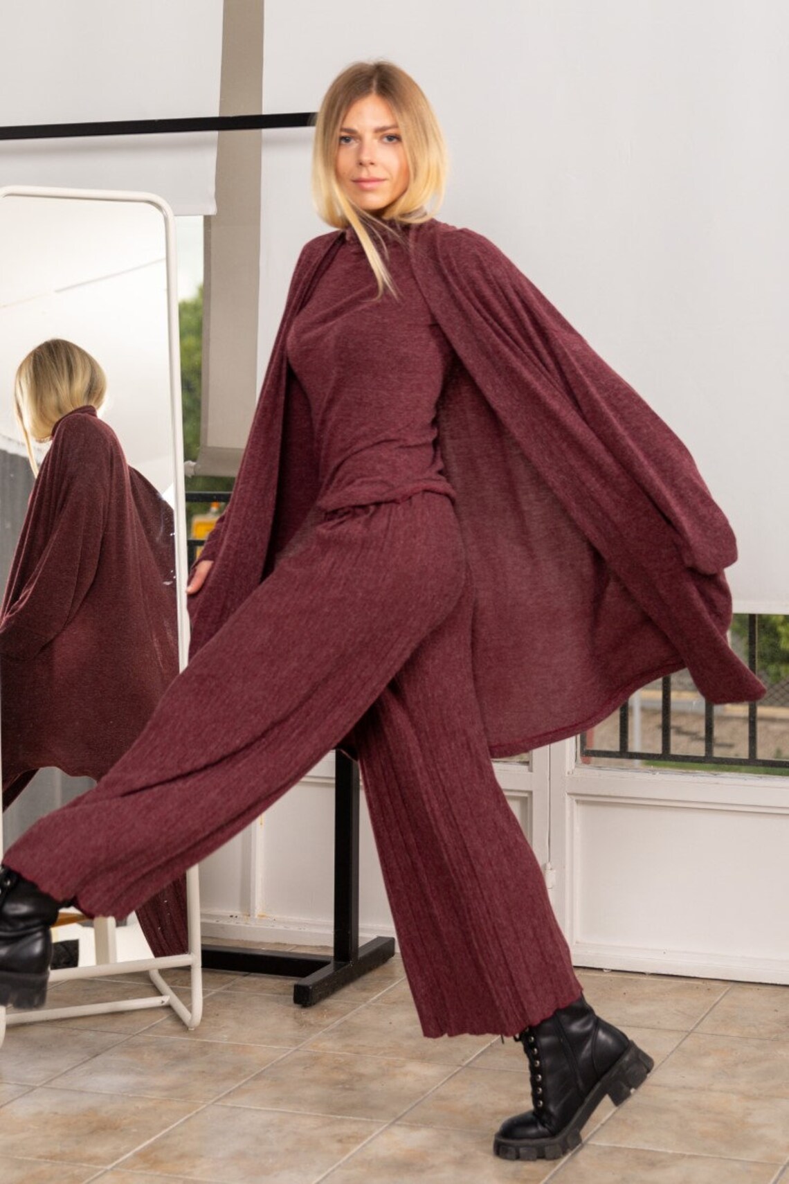 Wine Red Long Cardigan, Loose Fit Belted Cardigan, Streetstyle Woman ...