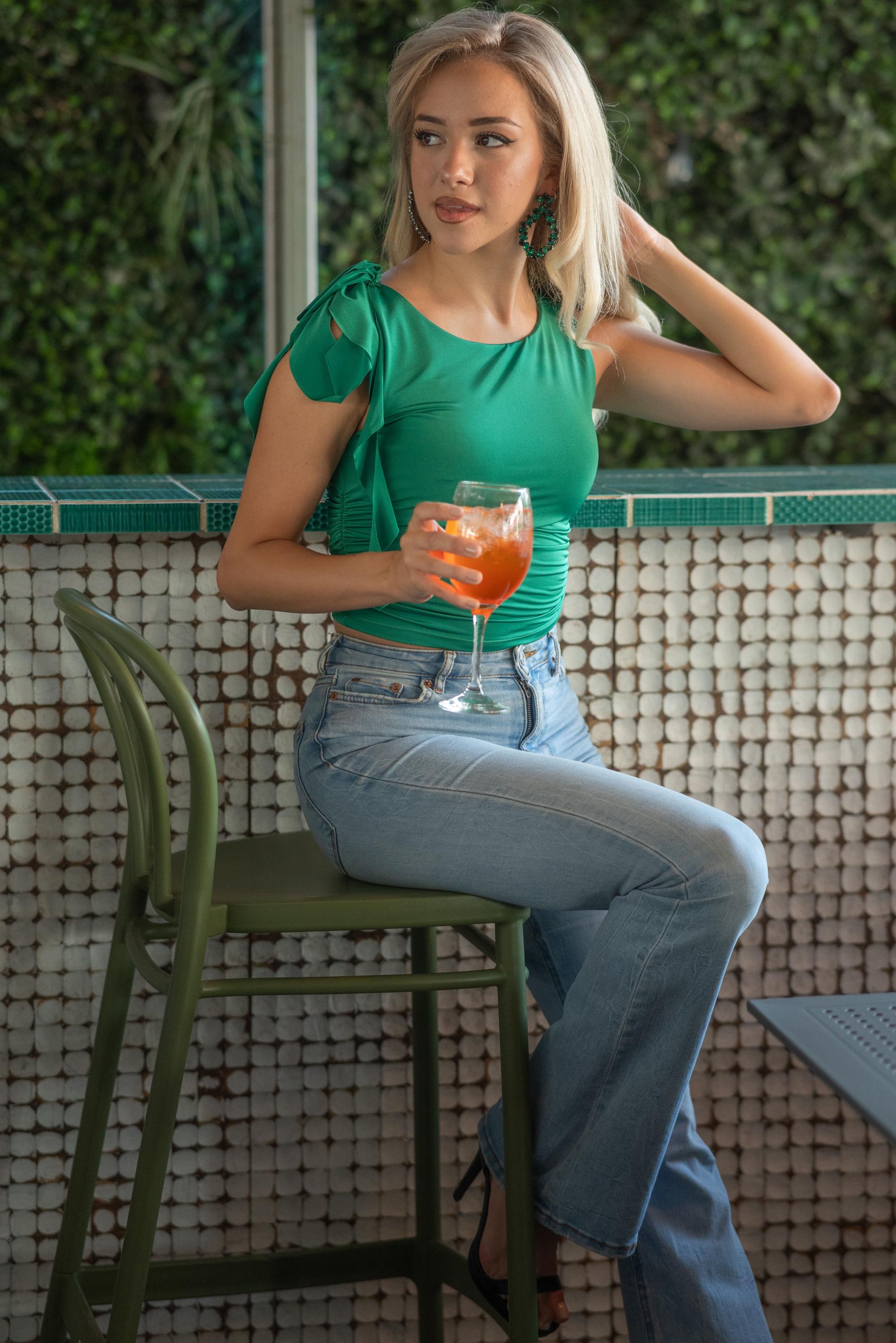 Thick Strap Crop Top With Right Tie Ruffle Detail, Side Gathered Crop ...
