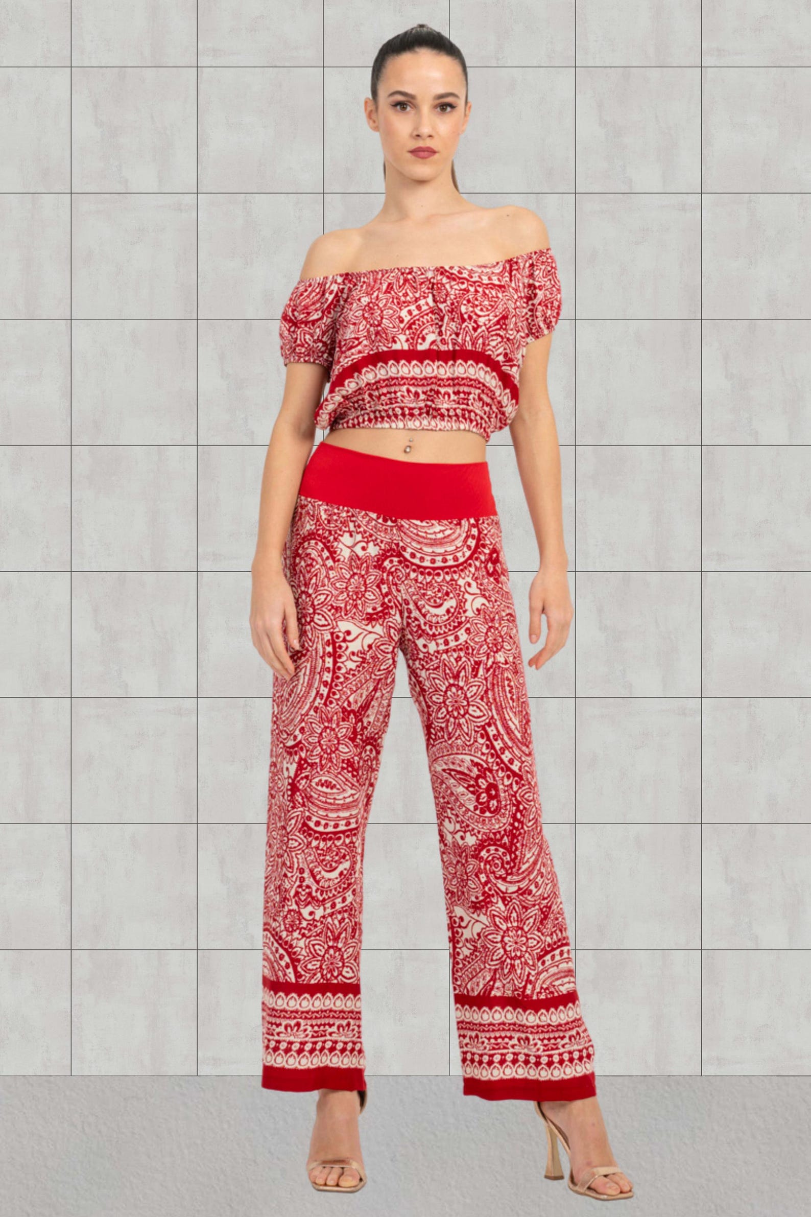 Red Mandala and Paisley Print Pants, Straight Fit Cropped Pants ...