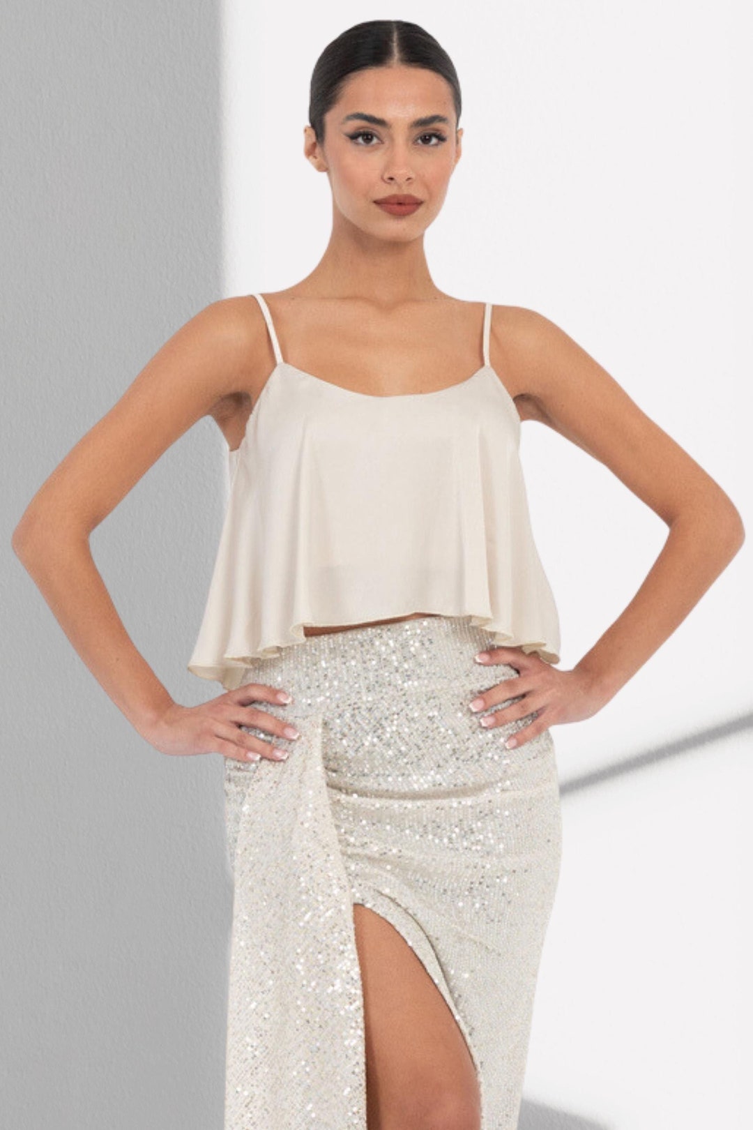 Satin Ruffled Crop Top, Loose Fit Crop Top With Round Neck, Cocktail ...