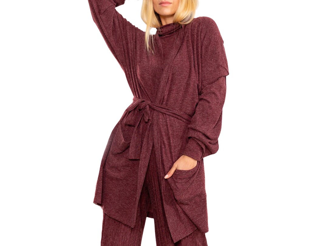 Wine Red Long Cardigan, Loose Fit Belted Cardigan, Streetstyle Woman ...